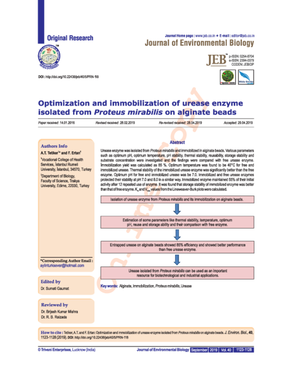 (PDF) Optimization and immobilization of urease enzyme isolated from ...