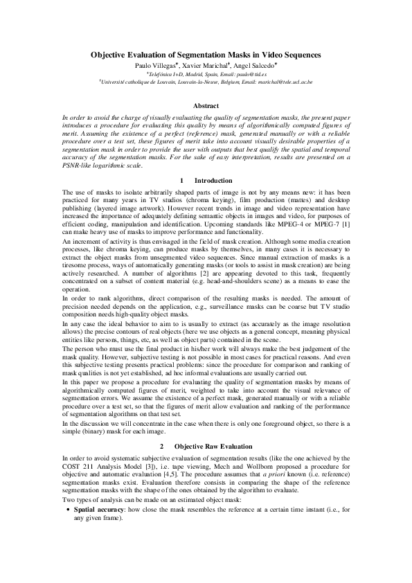 (PDF) Objective evaluation of segmentation masks in video sequences