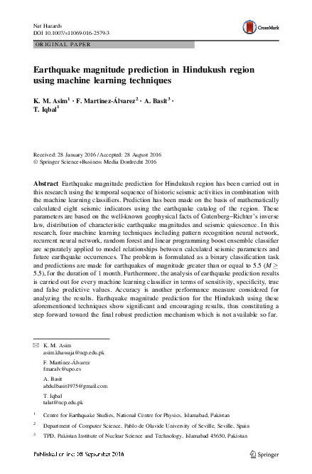 (PDF) Earthquake magnitude prediction in Hindukush region using machine learning techniques