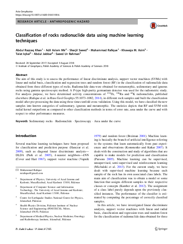 (PDF) Classification of rocks radionuclide data using machine learning techniques