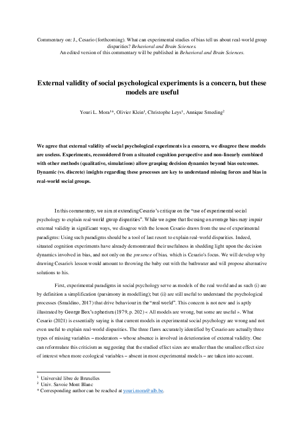 (PDF) External validity of social psychological experiments is a concern, but these models are ...