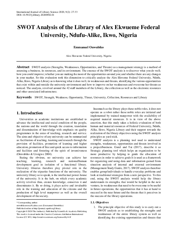 (PDF) SWOT Analysis of the Library of Alex Ekwueme Federal University ...