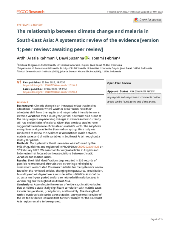(PDF) The relationship between climate change and malaria in South-East Asia: A systematic ...