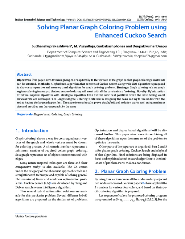 Pdf Solving Planar Graph Coloring Problem Using Enhanced Cuckoo Search