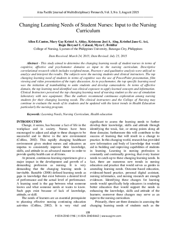 (PDF) Changing Learning Needs of Student Nurses: Input to the Nursing ...