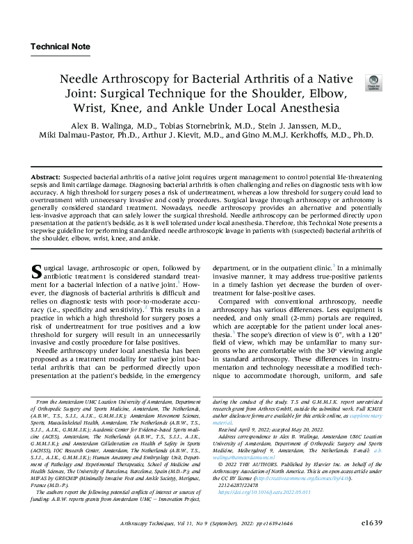 Needle Arthroscopy for Bacterial Arthritis of a Native Joint: Surgical ...