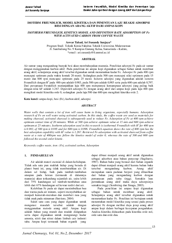 (PDF) Isoterm Freundlich, Model Kinetika, dan Penentuan Laju Reaksi ...