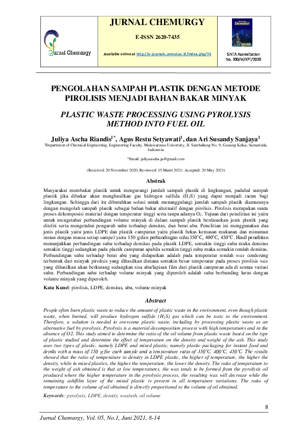 (PDF) Pengolahan Sampah Plastik Dengan Metode Pirolisis Menjadi Bahan ...