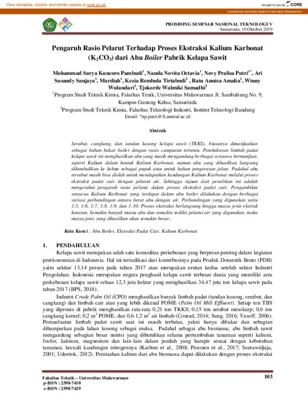 (PDF) Pengaruh Rasio Pelarut Terhadap Proses Ekstraksi Kalium Karbonat ...