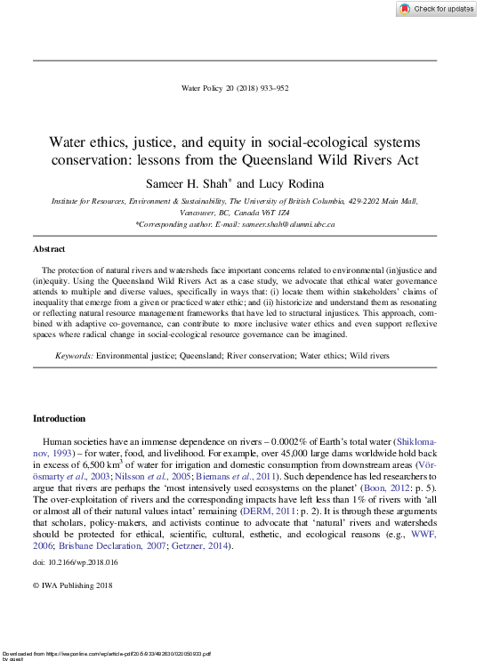 (PDF) Water ethics, justice, and equity in social-ecological systems ...