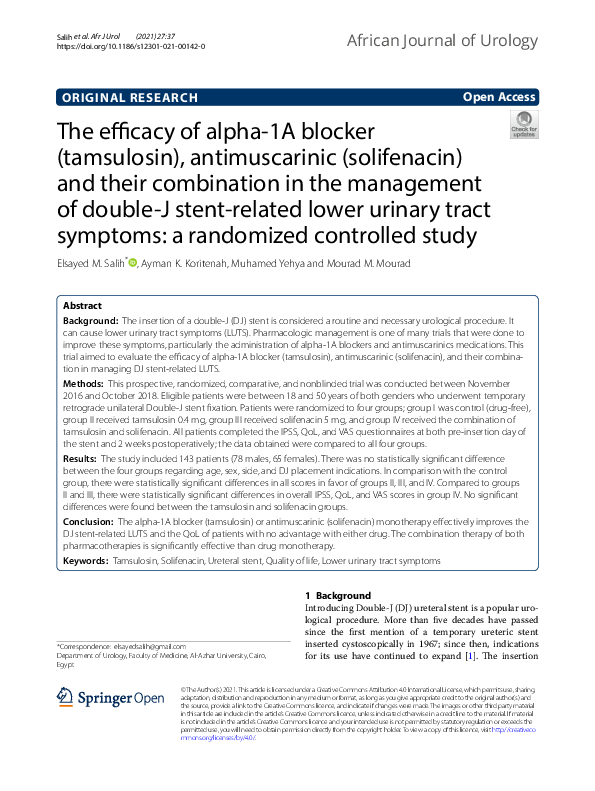 (PDF) The efficacy of alpha-1A blocker (tamsulosin), antimuscarinic ...