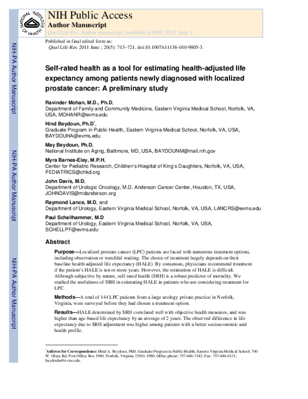 Pdf Self Rated Health As A Tool For Estimating Health Adjusted Life