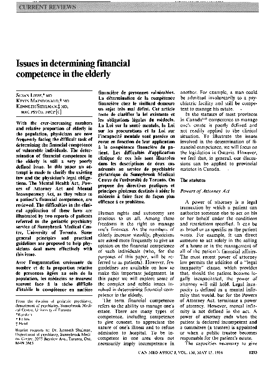 (PDF) Issues in determining financial competence in the elderly | Susan ...