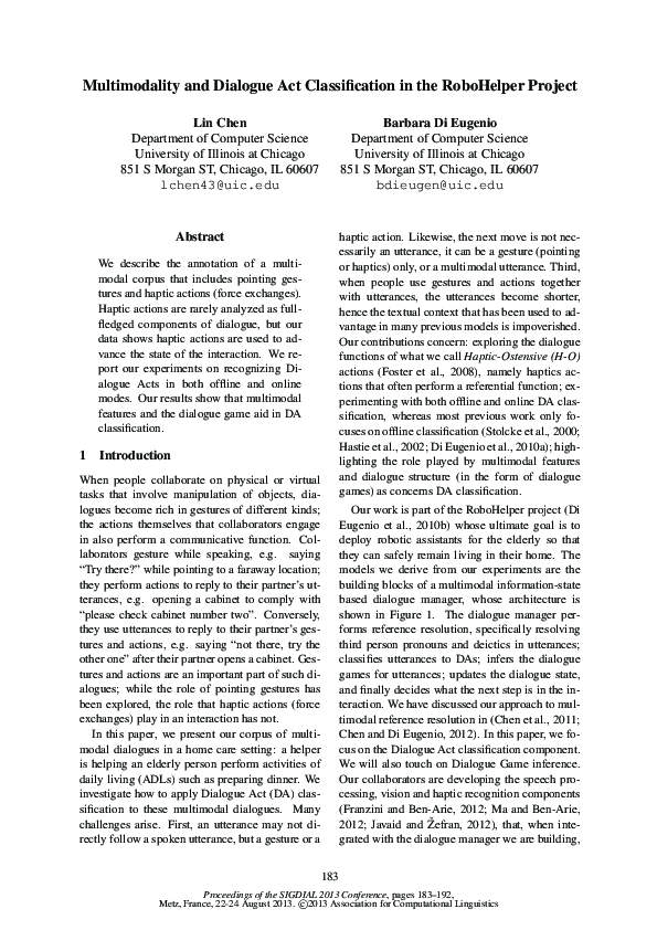 (PDF) Multimodality and Dialogue Act Classification in the RoboHelper Project