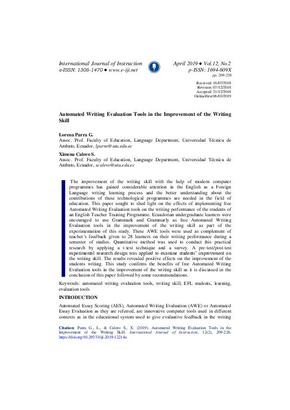 (PDF) Automated Writing Evaluation Tools in the Improvement of the Writing Skill