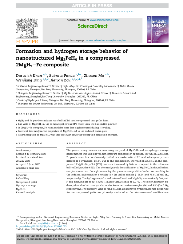 (PDF) Formation and hydrogen storage behavior of nanostructured Mg2FeH6 ...