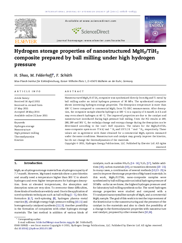 (PDF) Hydrogen storage properties of nanostructured MgH2/TiH2 composite prepared by ball milling ...
