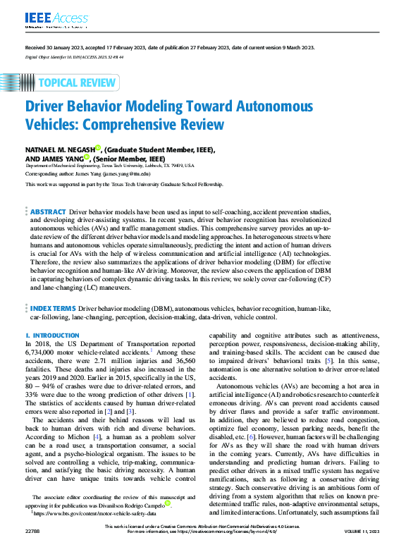 (PDF) Driver Behavior Modeling Toward Autonomous Vehicles: Comprehensive Review