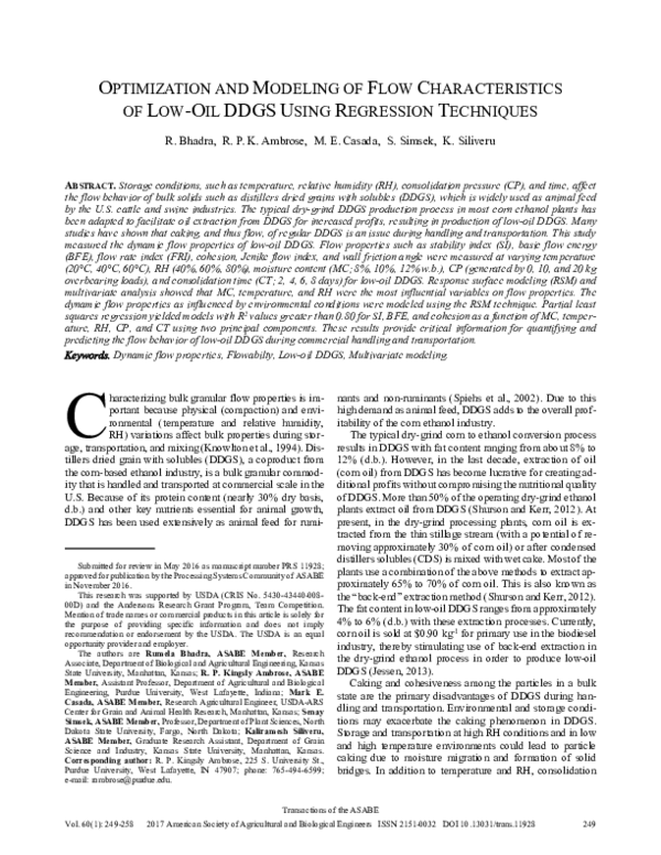 (PDF) Optimization and Modeling of Flow Characteristics of Low-Oil DDGS ...
