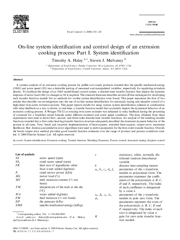 (PDF) On-line system identi®cation and control design of an extrusion cooking process: Part I ...