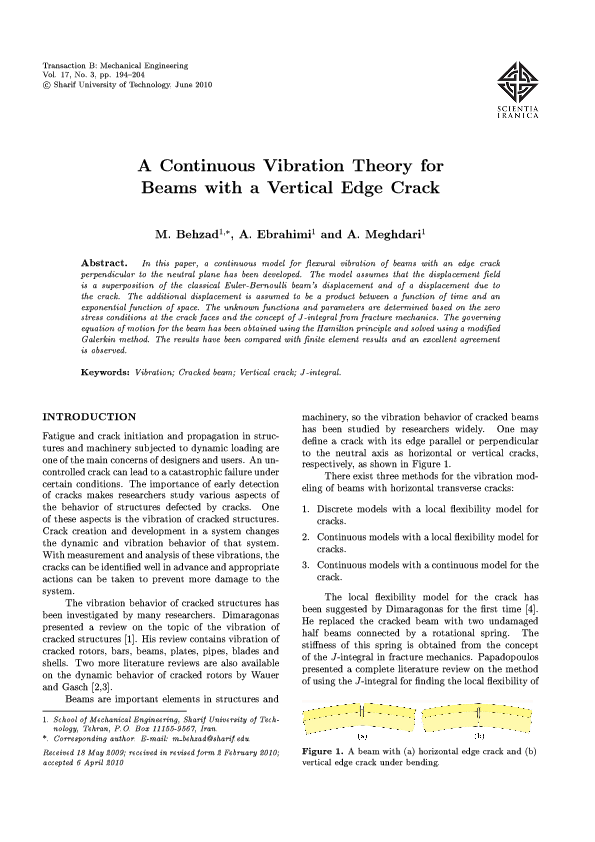 (PDF) A continuous vibration theory for beams with a vertical edge crack