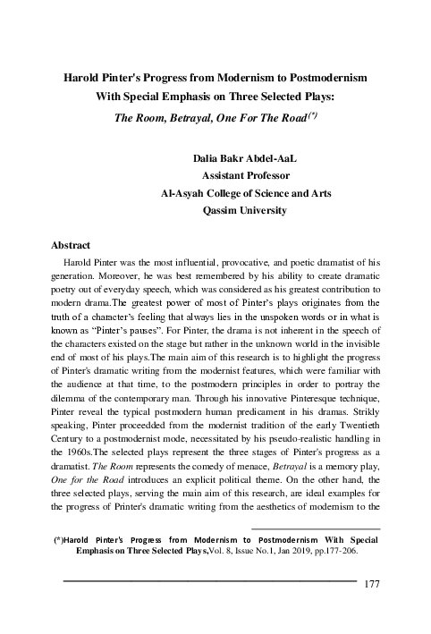 (PDF) Harold Pinter's Progress from Modernism toPostmodernism With Special Emphasis on Three ...