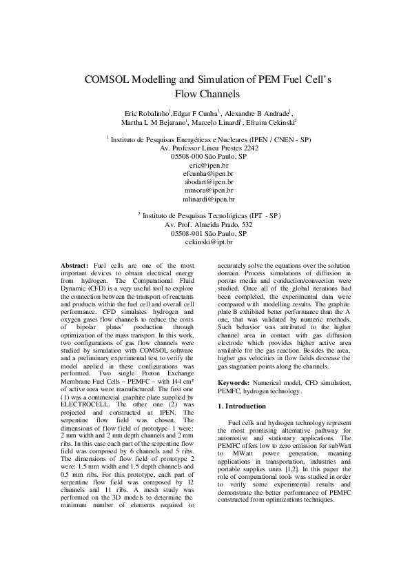(PDF) COMSOL Modelling and Simulation of PEM Fuel Cell ’ s Flow Channels