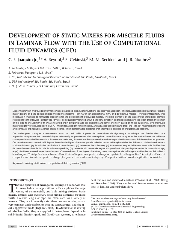 (PDF) Development of static mixers for miscible fluids in laminar flow with the use of ...