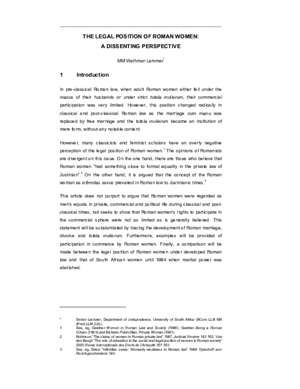 (PDF) The legal position of Roman women : a dissenting perspective