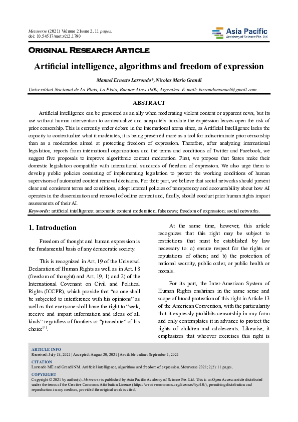 (PDF) Artiﬁcial intelligence, algorithms and freedom of expression