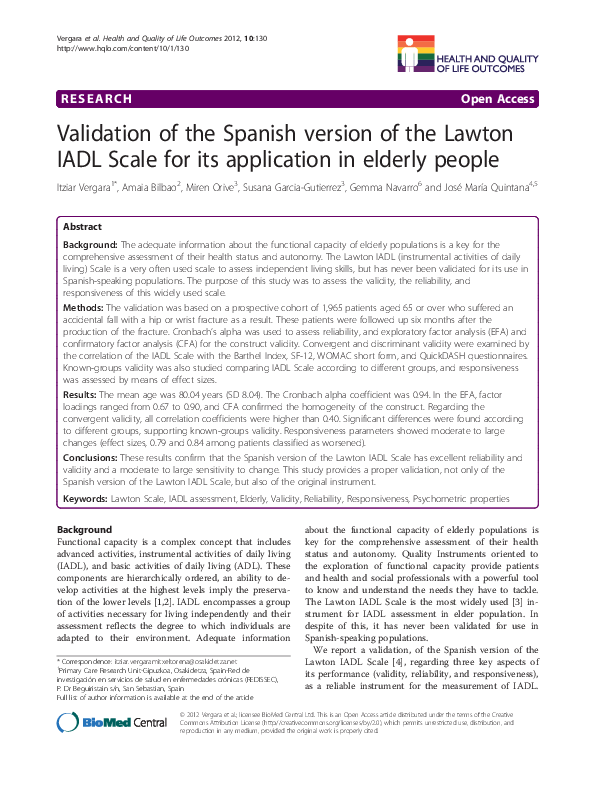 (PDF) Validation of the Spanish version of the Lawton IADL Scale for its application in elderly ...