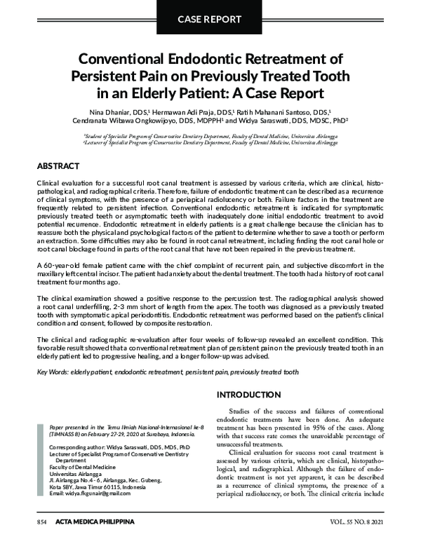 (PDF) Conventional Endodontic Retreatment of Persistent Pain on Previously Treated Tooth in an ...