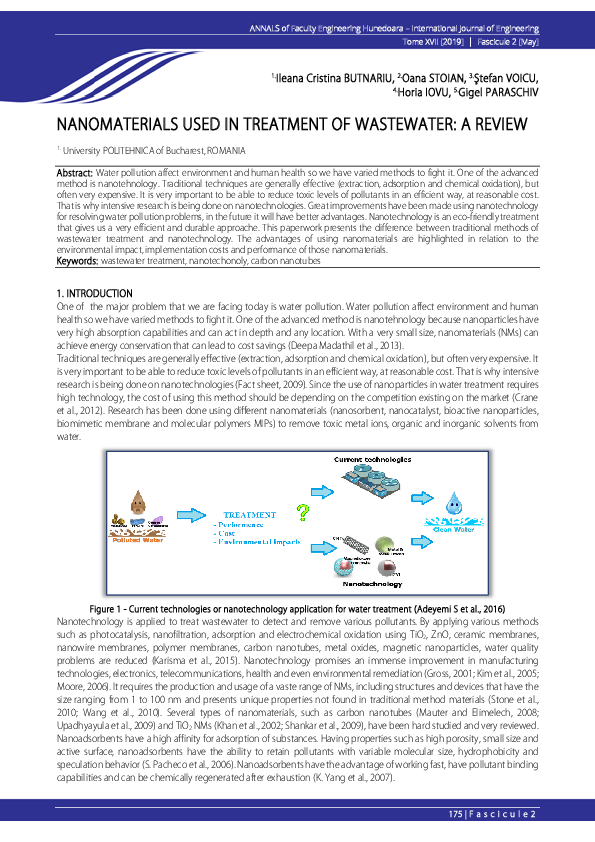 (PDF) Nanomaterials used in treatment of wastewater: a review | Oana Stoian - Academia.edu
