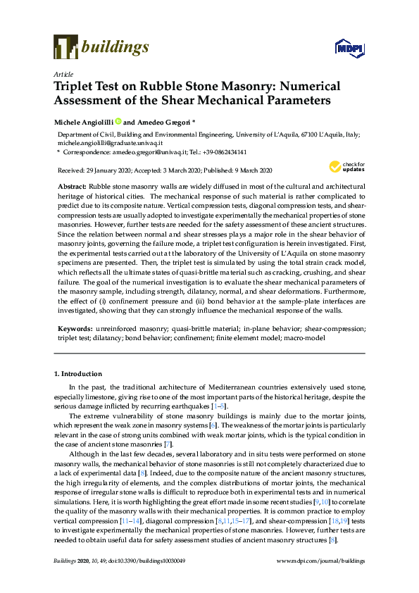 (PDF) Triplet Test on Rubble Stone Masonry: Numerical Assessment of the ...