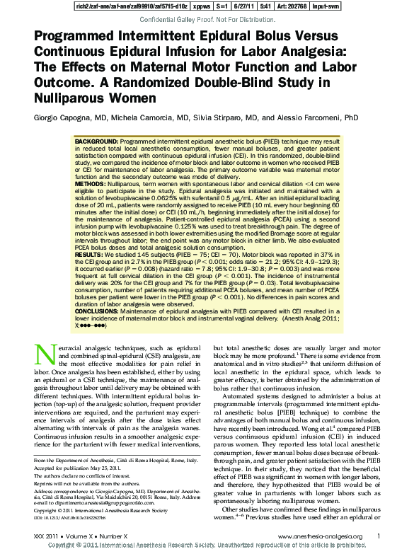 (PDF) Programmed Intermittent Epidural Bolus Versus Continuous Epidural ...