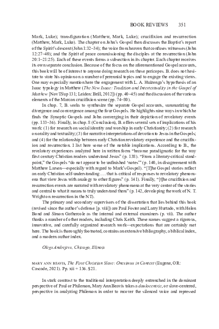 (PDF) Review of Mary Ann Beavis, The First Christian Slave: Onesimus in Context, CBQ (2023)