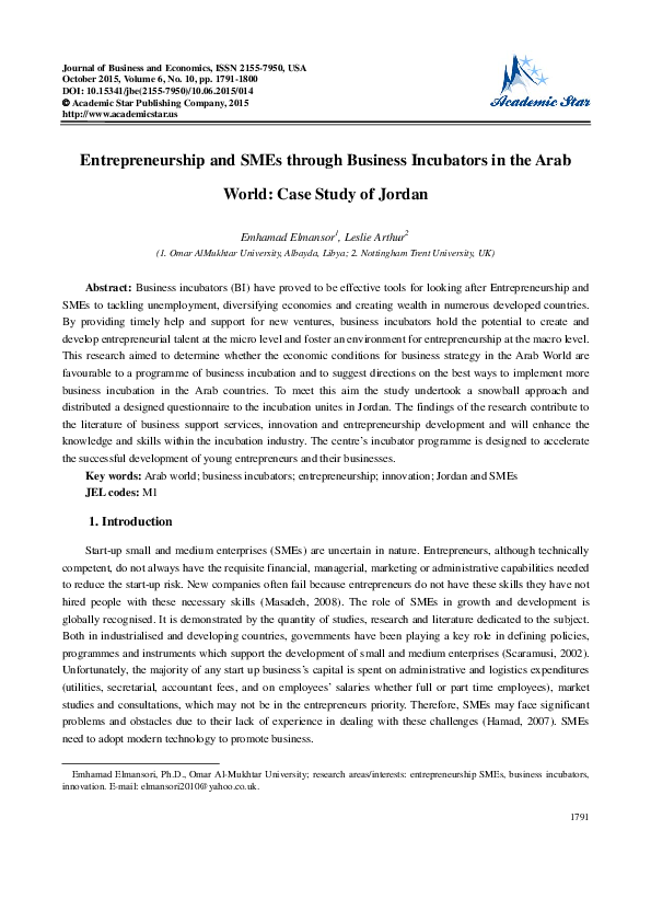 (PDF) Entrepreneurship and SMEs through Business Incubators in the Arab ...