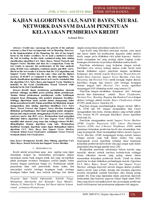 Pdf Kajian Algoritma C45 Naive Bayes Neural Network Dan Svm Dalam