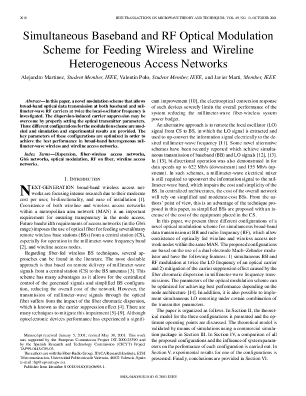 (PDF) Simultaneous baseband and RF optical modulation scheme for feeding wireless and wireline ...
