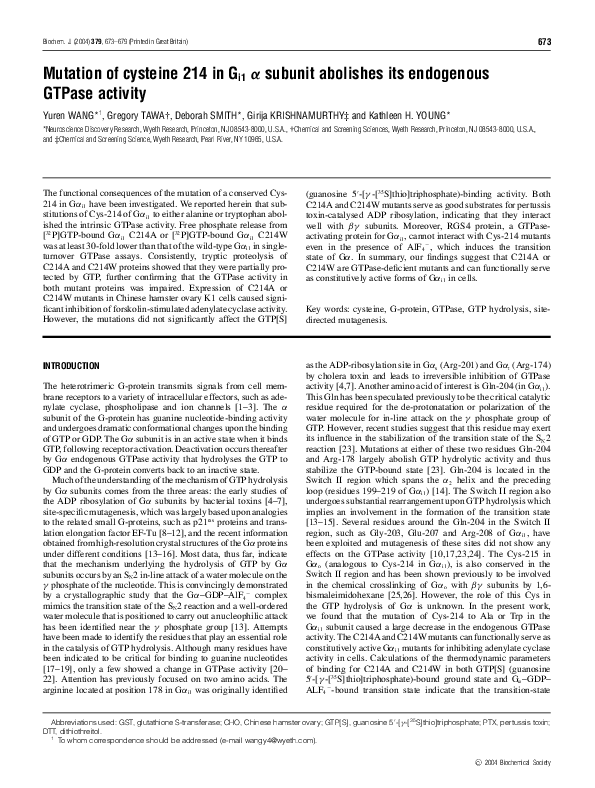 (PDF) Mutation of cysteine 214 in Gi1 α subunit abolishes its ...