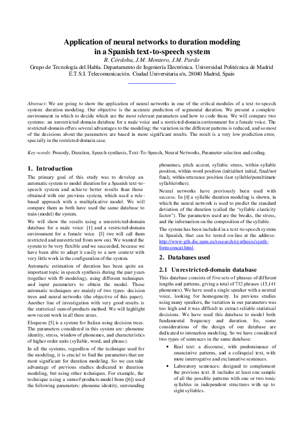 Application of neural networks to duration modeling in a Spanish text-to-speech system
