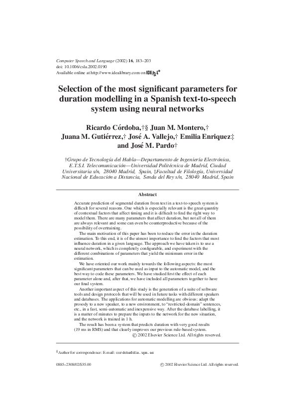 (PDF) Selection of the most significant parameters for duration modelling in a Spanish text-to ...