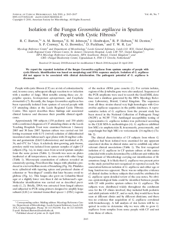 (PDF) Isolation of the Fungus Geosmithia argillacea in Sputum of People ...