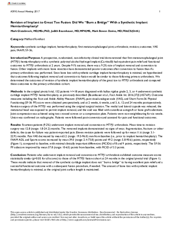 (PDF) Revision of Implant to Great Toe Fusion