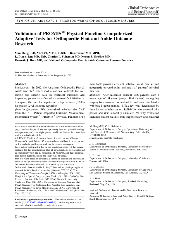 (PDF) Validation of PROMIS® Physical Function Computerized Adaptive ...