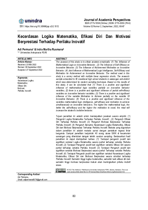 (PDF) Kecerdasan Logika Matematika, Efikasi Diri dan Motivasi ...