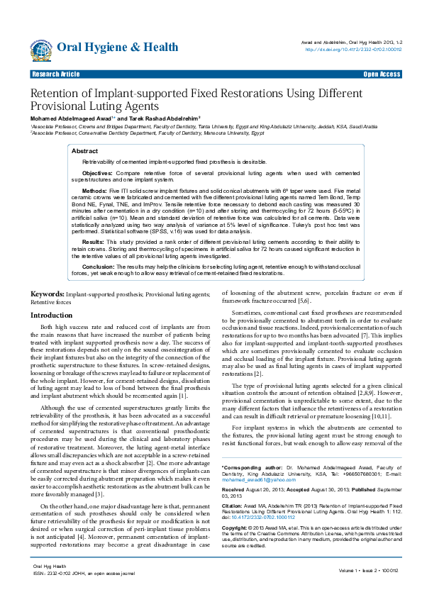 (PDF) Retention of Implant-supported Fixed Restorations Using Different ...