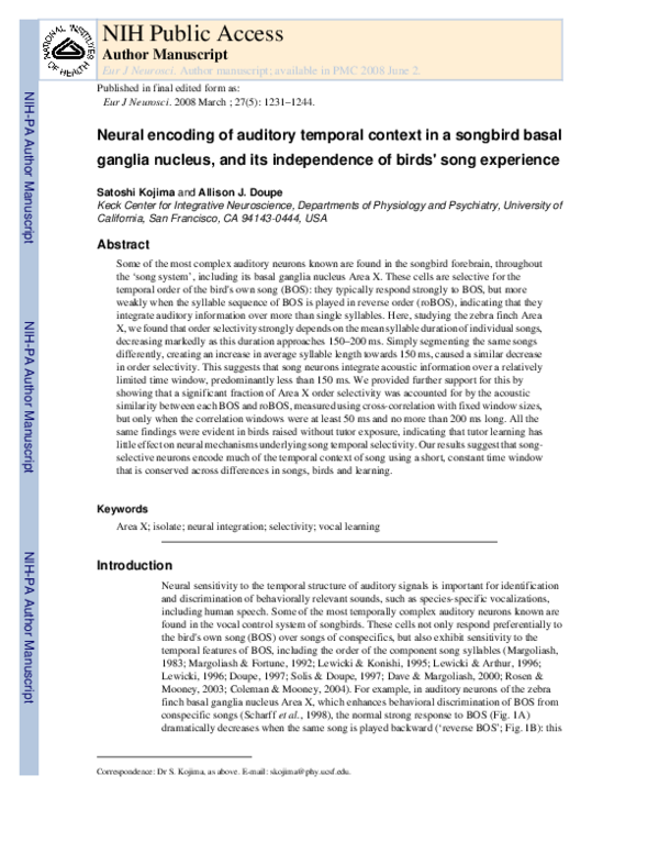 (PDF) Neural encoding of auditory temporal context in a songbird basal ...