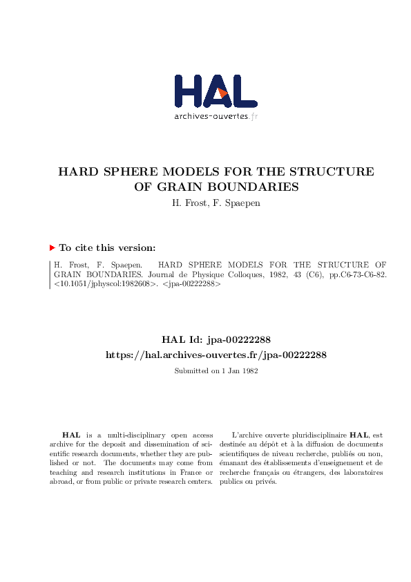 (PDF) Hard Sphere Models for the Structure of Grain Boundaries
