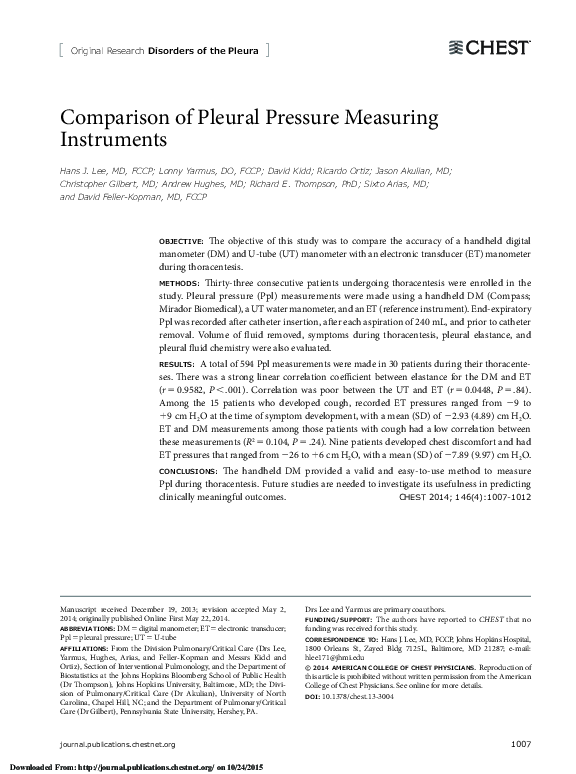 (PDF) Comparison of Pleural Pressure Measuring Instruments